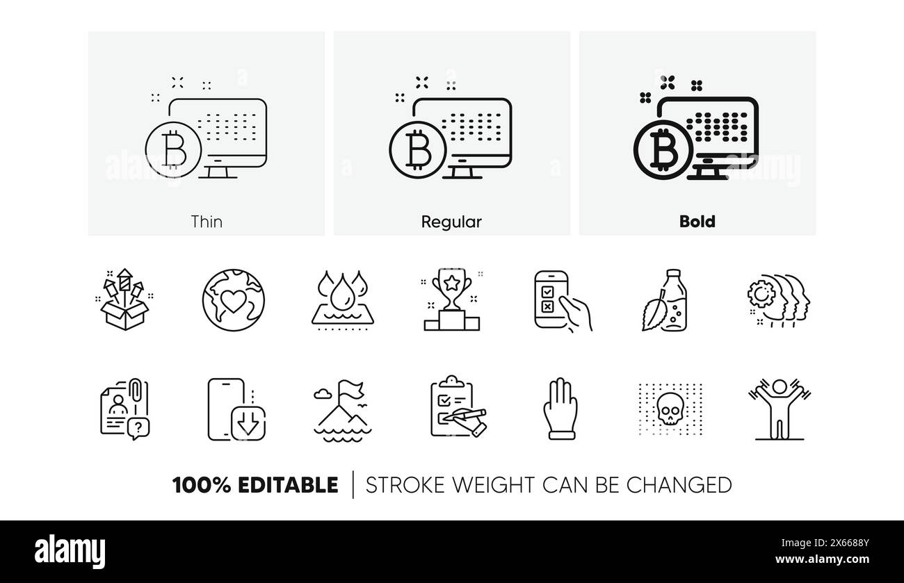 Checklist, Bitcoin system and Three fingers line icons. For web app, printing. Line icons ...