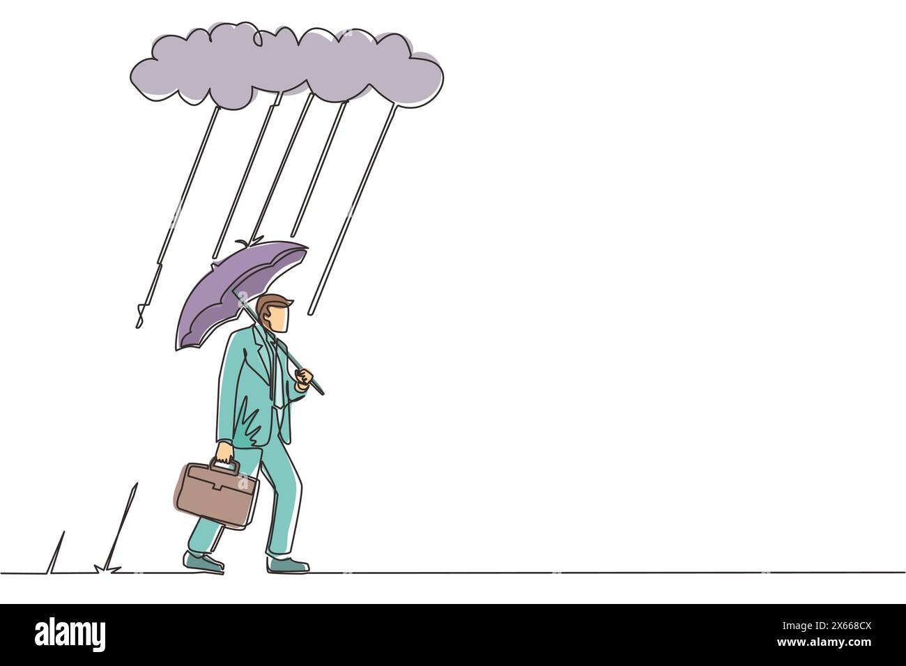 Single one line drawing businessman with briefcase and umbrella stand ...