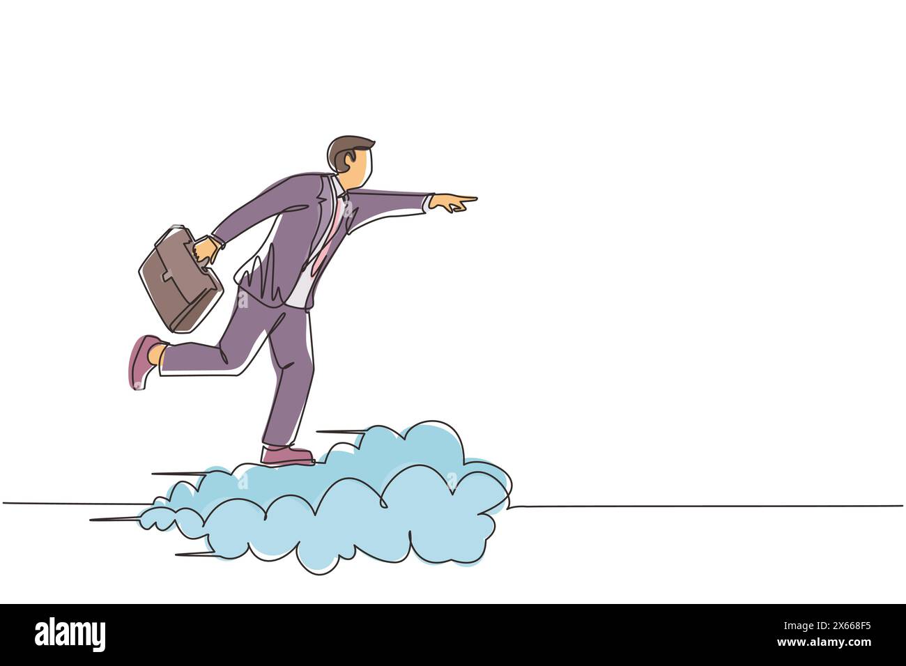 Single one line drawing businessman holding briefcase ride cloud ...