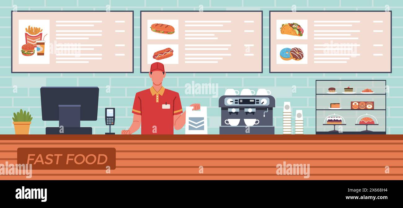 Fast food cash register worker. Cashier in uniform holds paper bag with ...