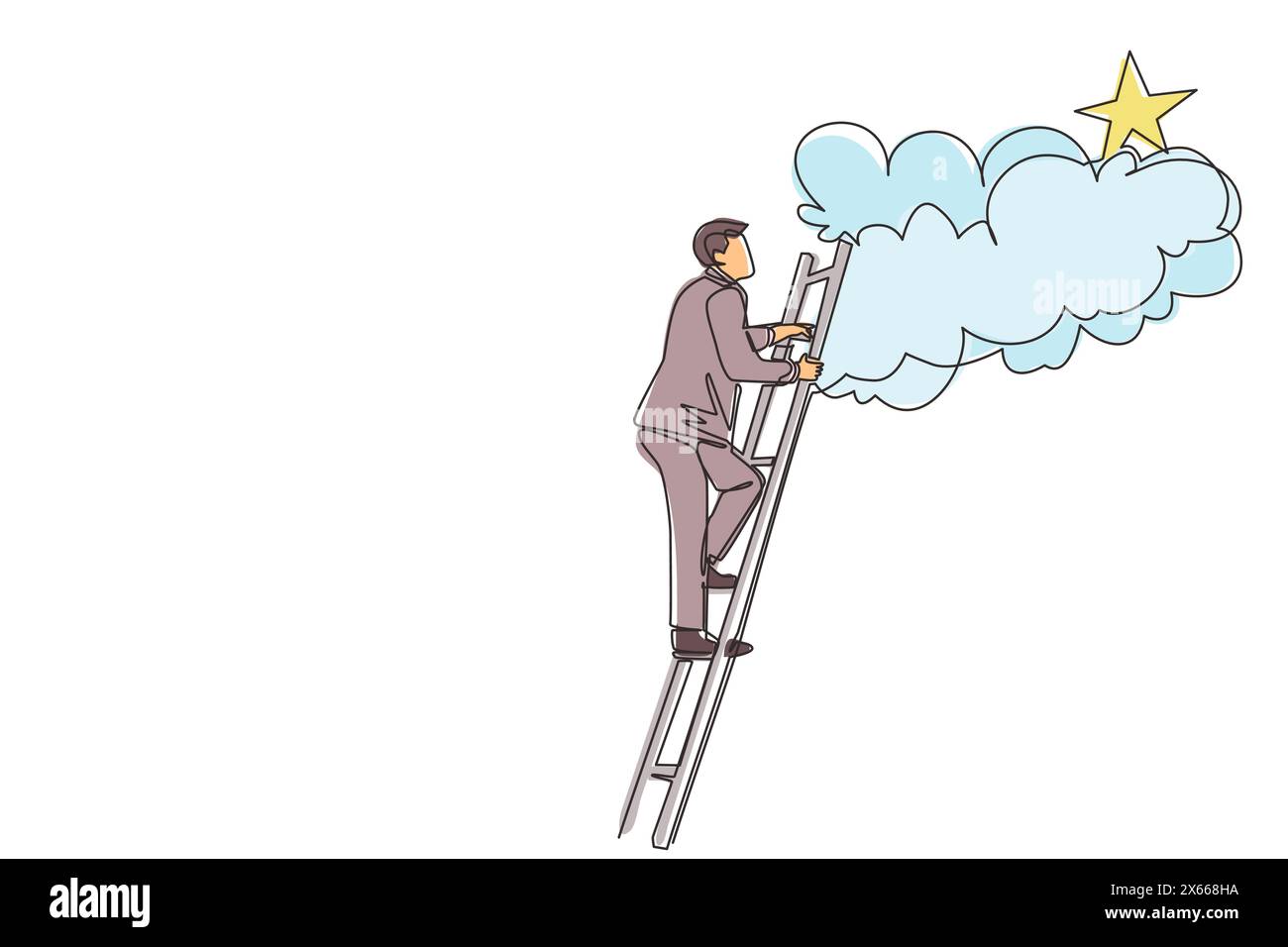 Single continuous line drawing businessman climbing ladder to reach out ...