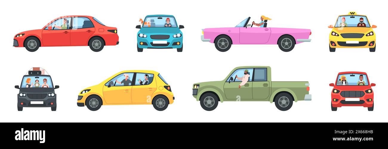 Travelers in private cars. People in cars side and front view, various ...