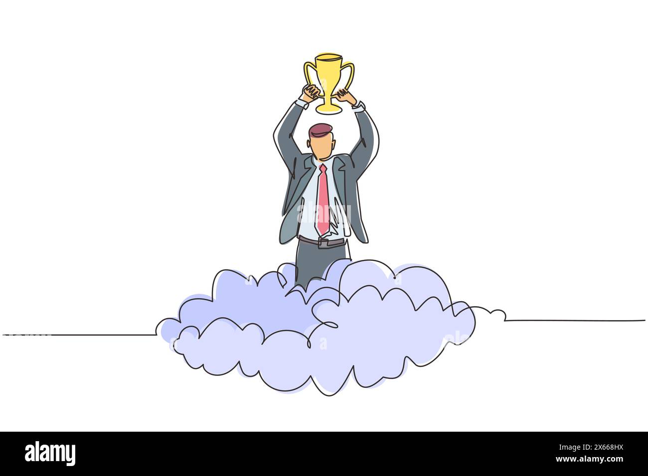 Single continuous line drawing businessman holding trophy in cloud ...