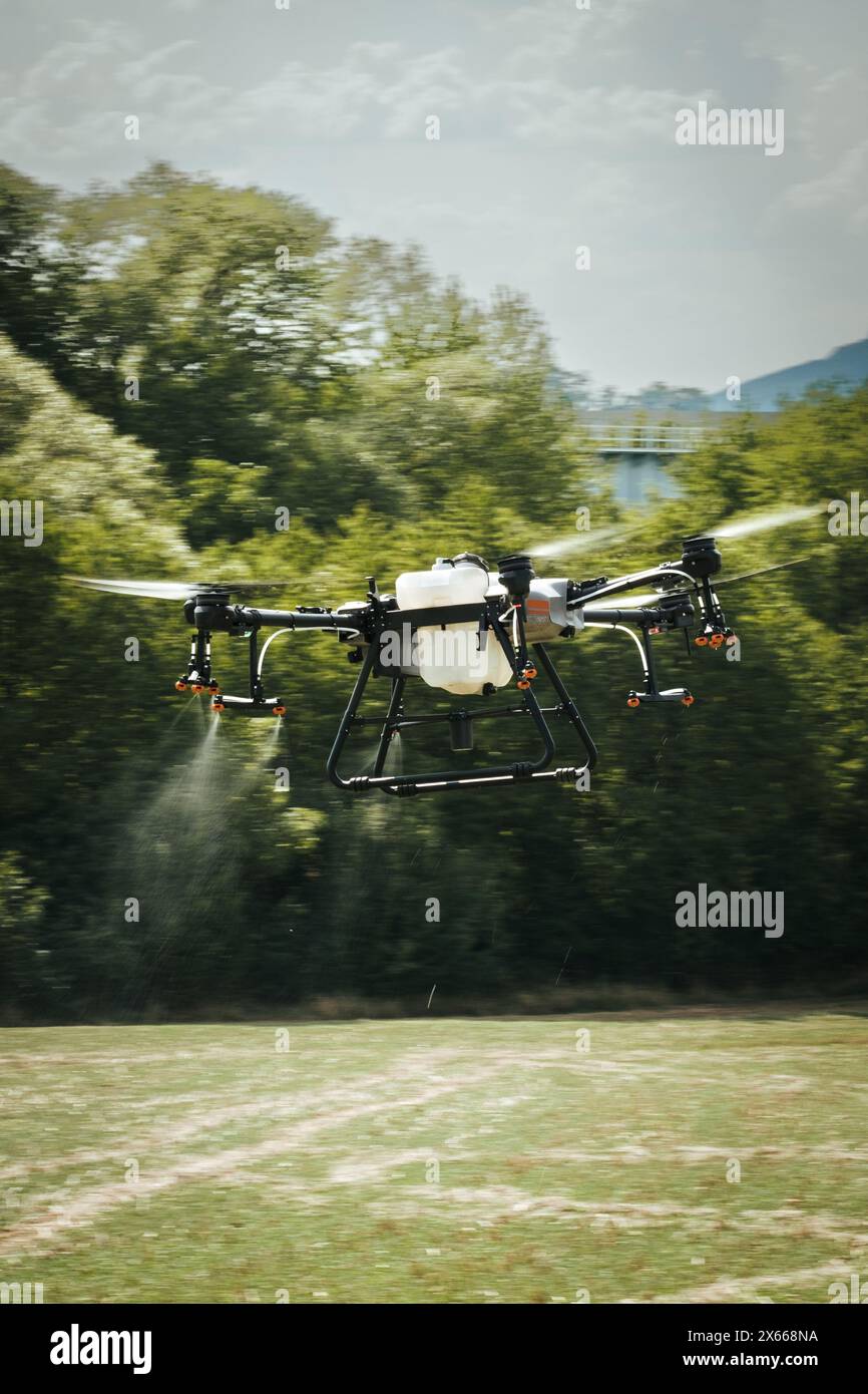 Agricultural drones spraying crops, distribute pesticides, herbicides ...