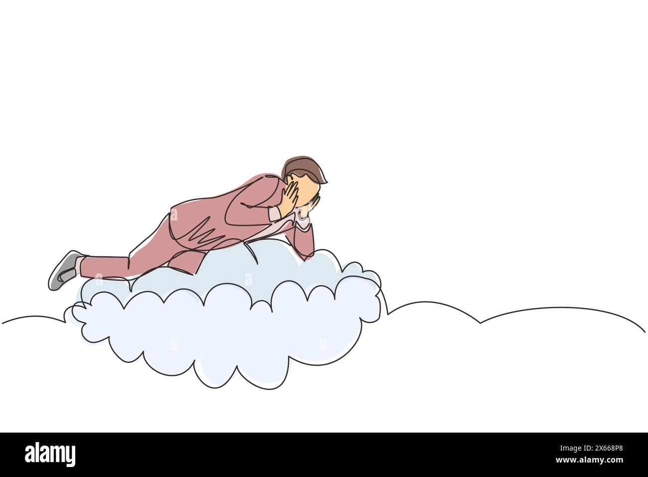 Continuous one line drawing dreamer. Businessman lay on the clouds and ...