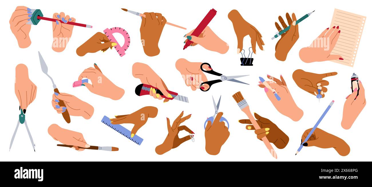 Hands holding writing supplies. Human arms with stationery, scissors ...