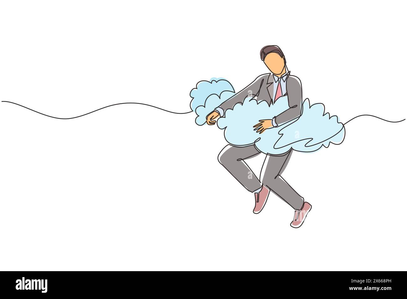 Single continuous line drawing businessman hang in the clouds. Hoping ...
