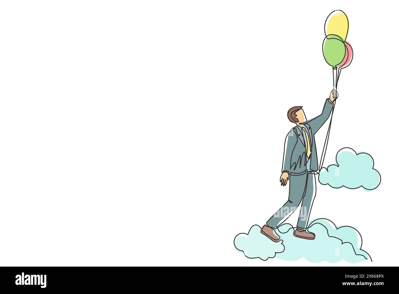 Single one line drawing businessman floating with balloon. Man holding ...
