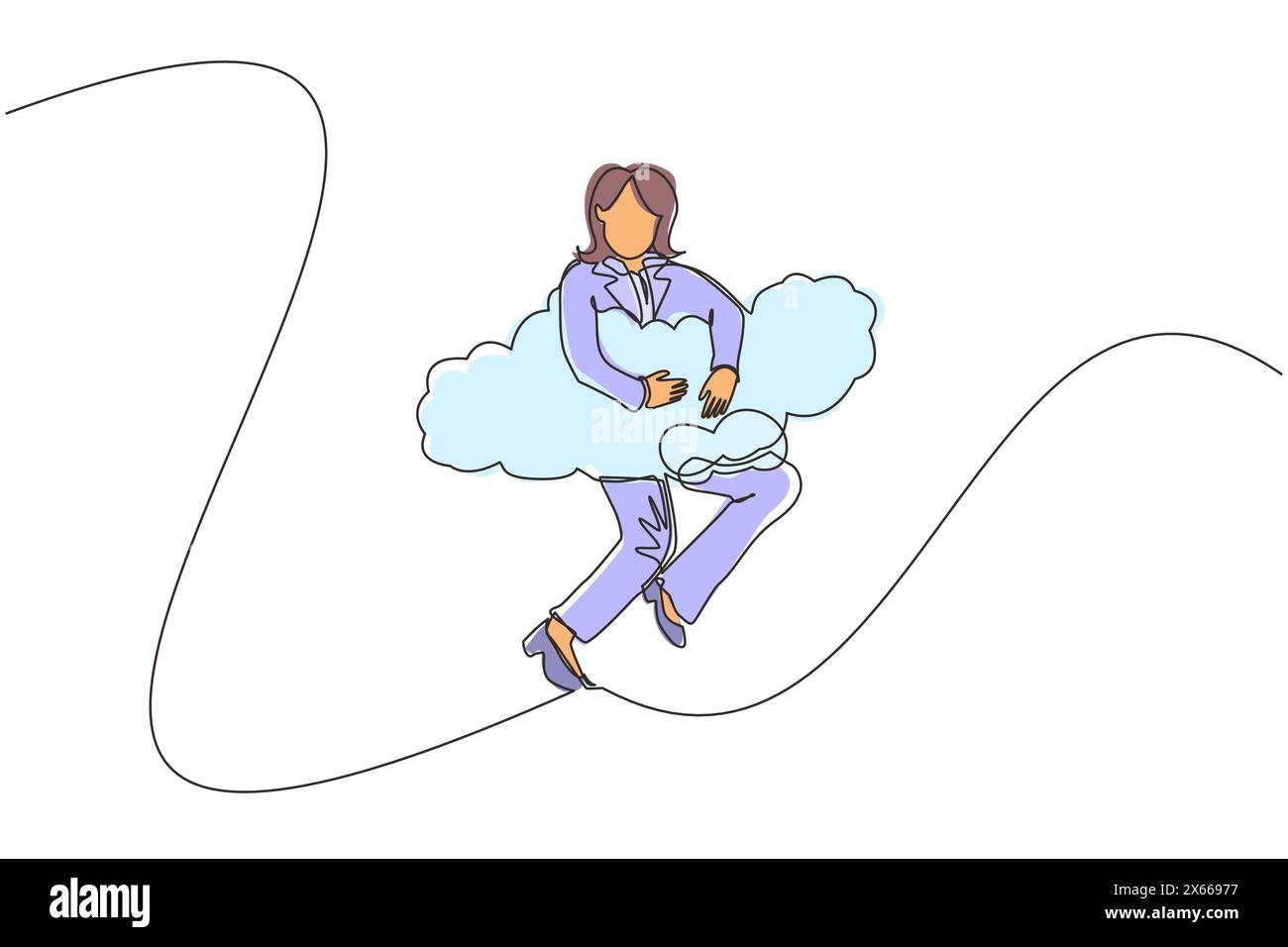 Continuous one line drawing businesswoman hang in the clouds. Hoping ...
