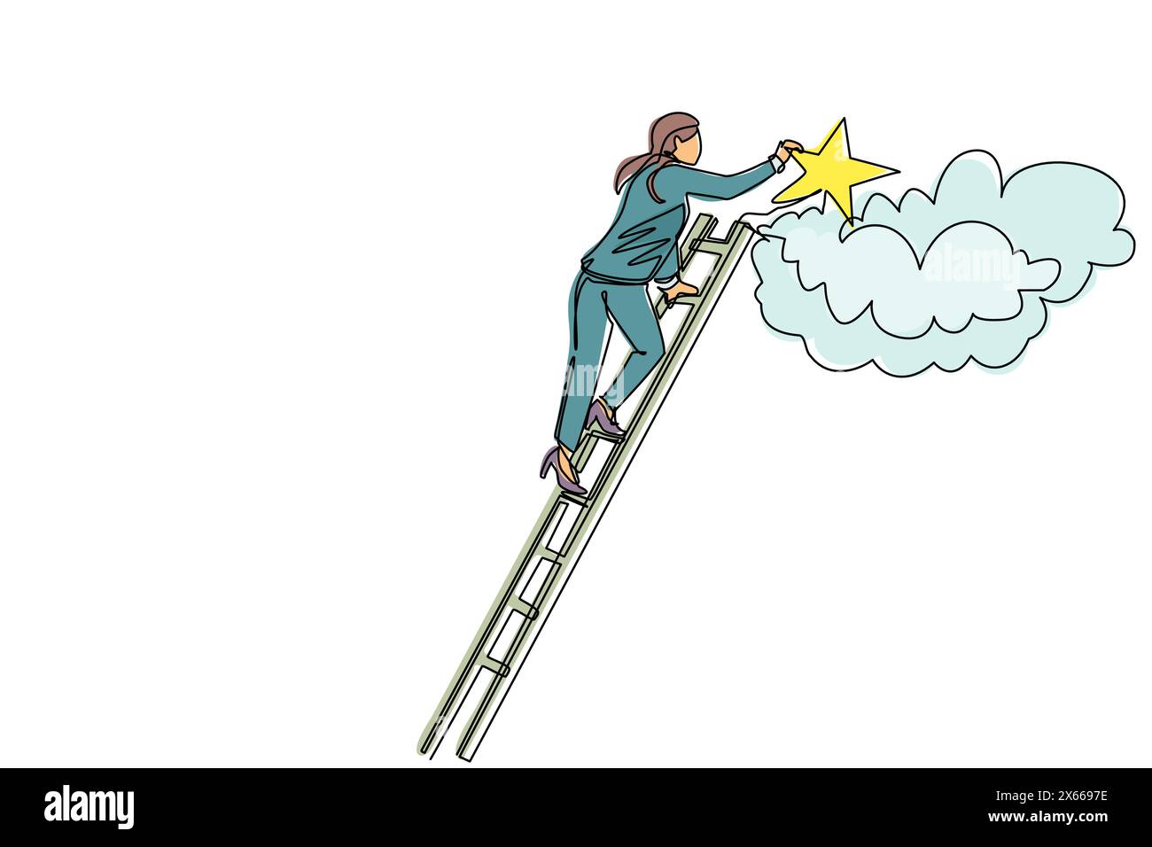 Continuous one line drawing businesswoman standing on stairs and ...