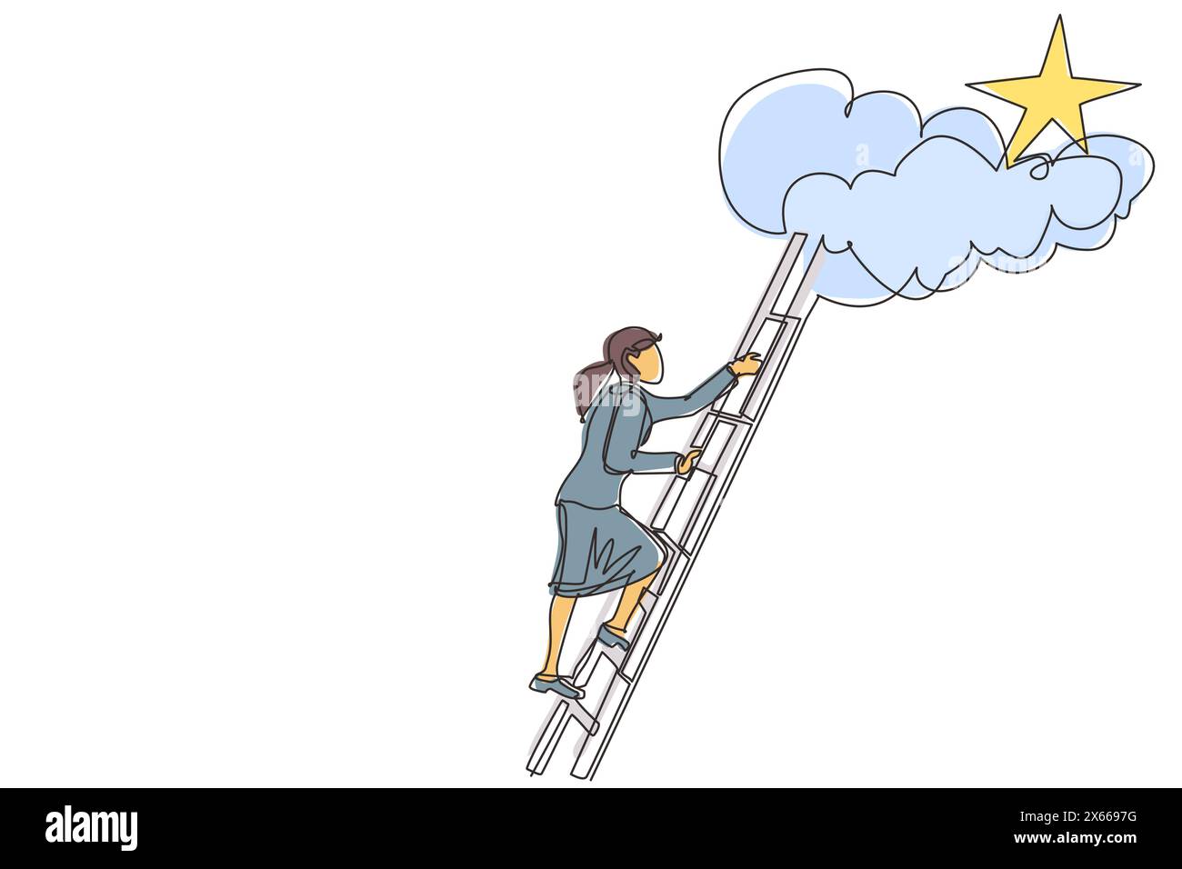 Single one line drawing businesswoman climbing ladder to reach out for ...