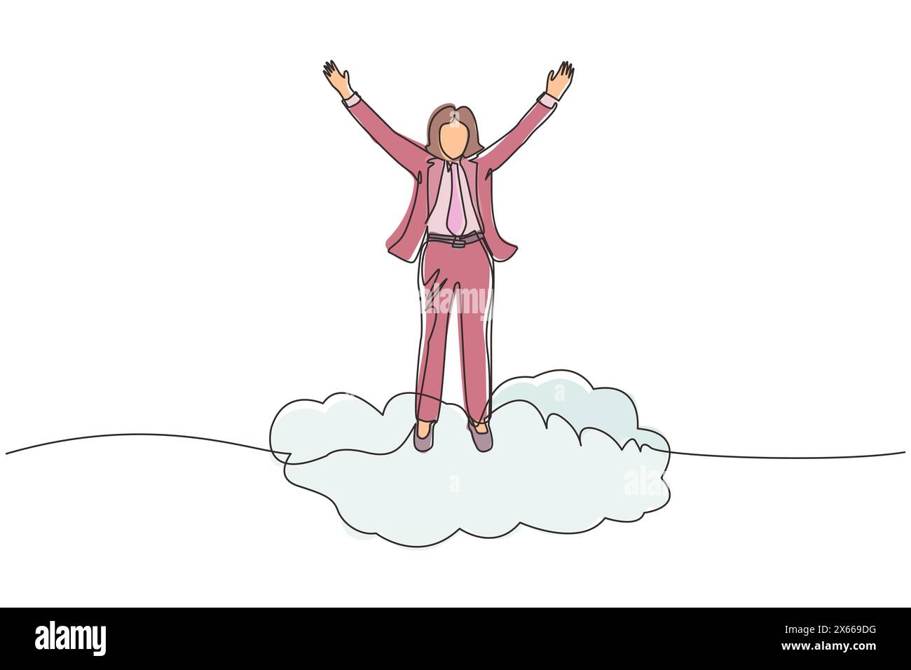 Continuous one line drawing businesswoman on top of cloud with raised ...