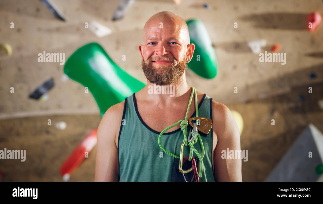 Strong Masculine Male Athlete Smiling and Posing at Rock Climbing Gym ...