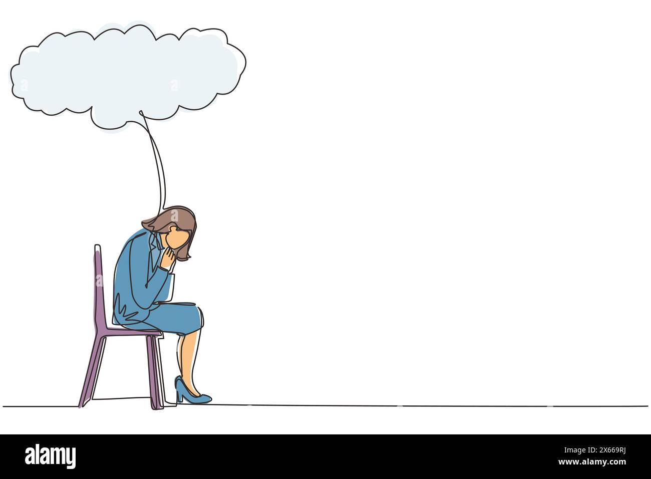 Single one line drawing businesswoman sitting under rain cloud ...