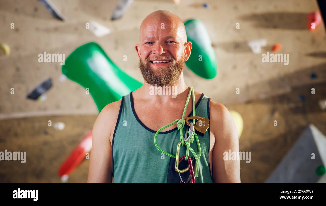 Strong Masculine Male Athlete Smiling and Posing at Rock Climbing Gym ...