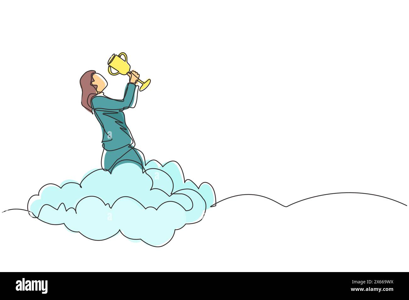 Single continuous line drawing businesswoman holding trophy in cloud ...