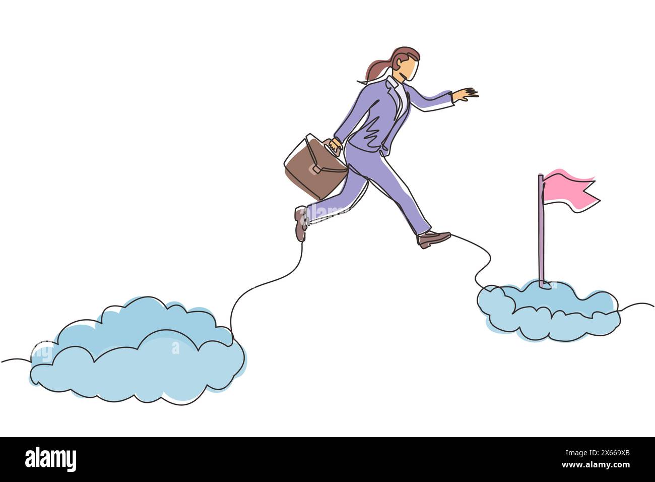 Single one line drawing fearless brave businesswoman make risk by jump ...