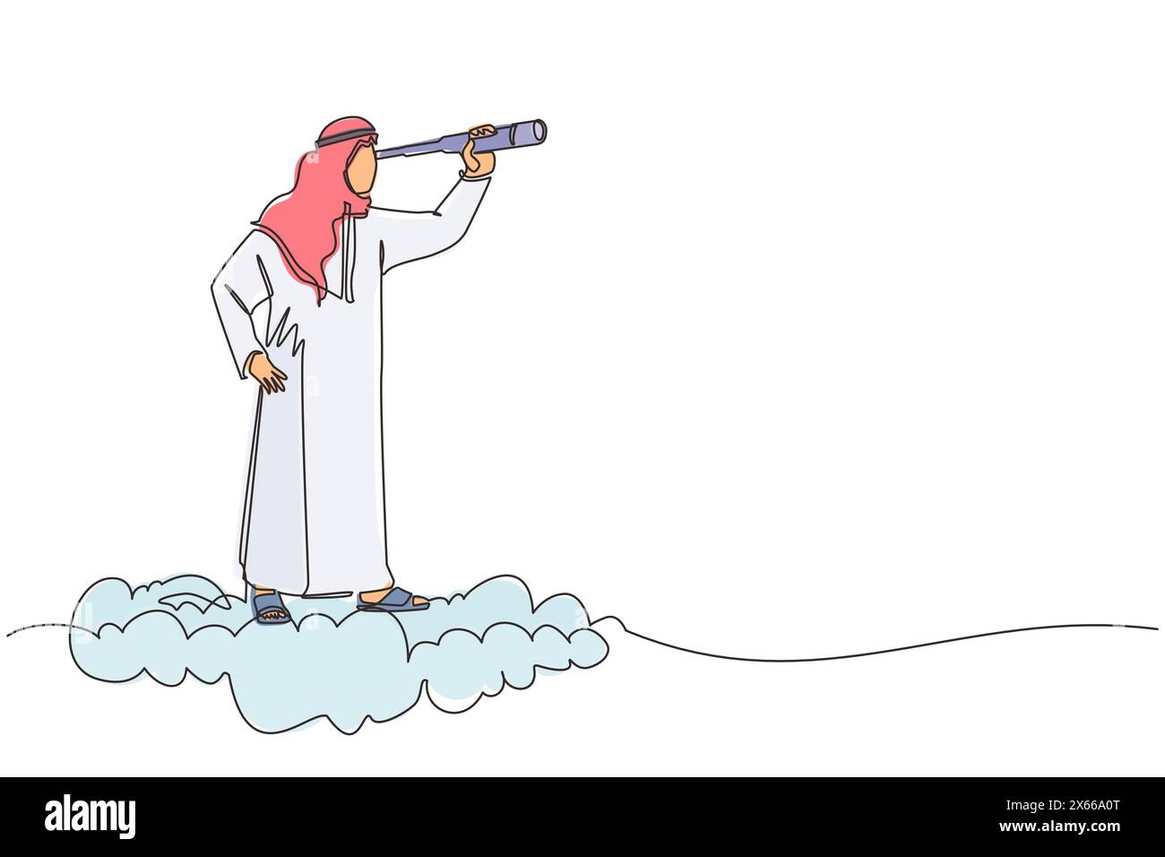 Single continuous line drawing Arabian businessman riding high cloud ...