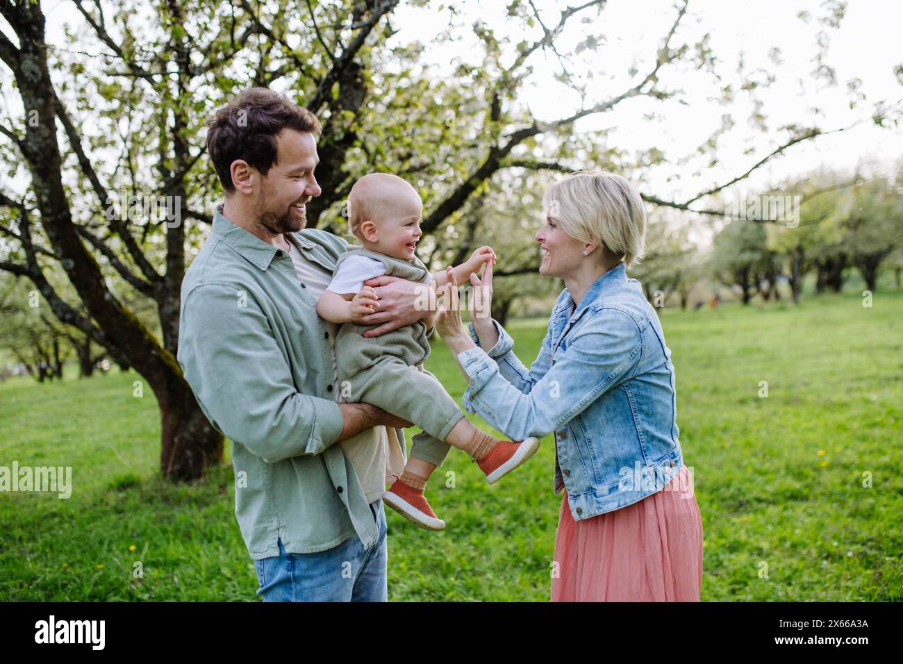 New parents holding small toddler, baby, outdoors in spring nature ...
