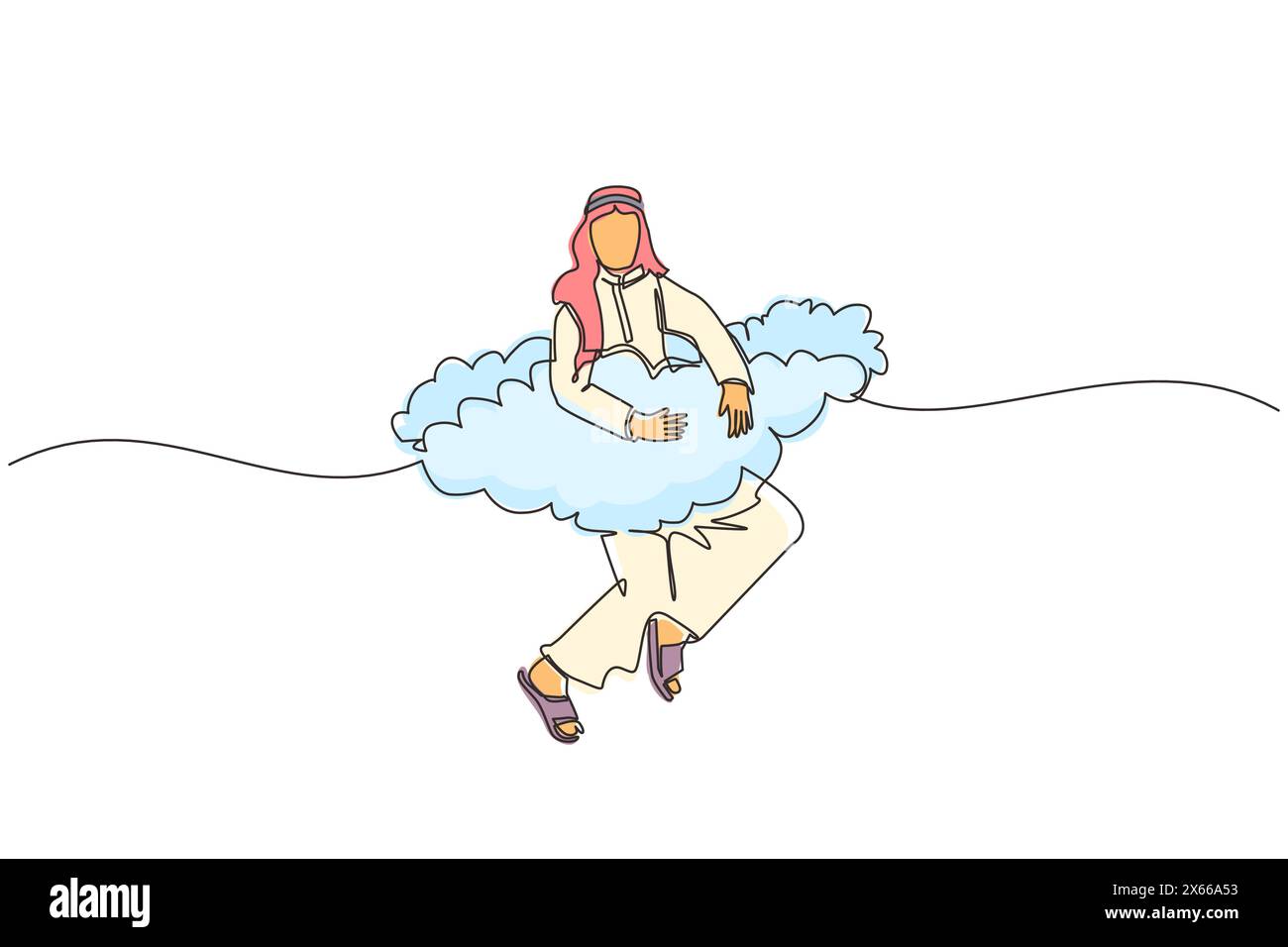 Continuous one line drawing Arabic businessman hang in clouds. Hoping ...