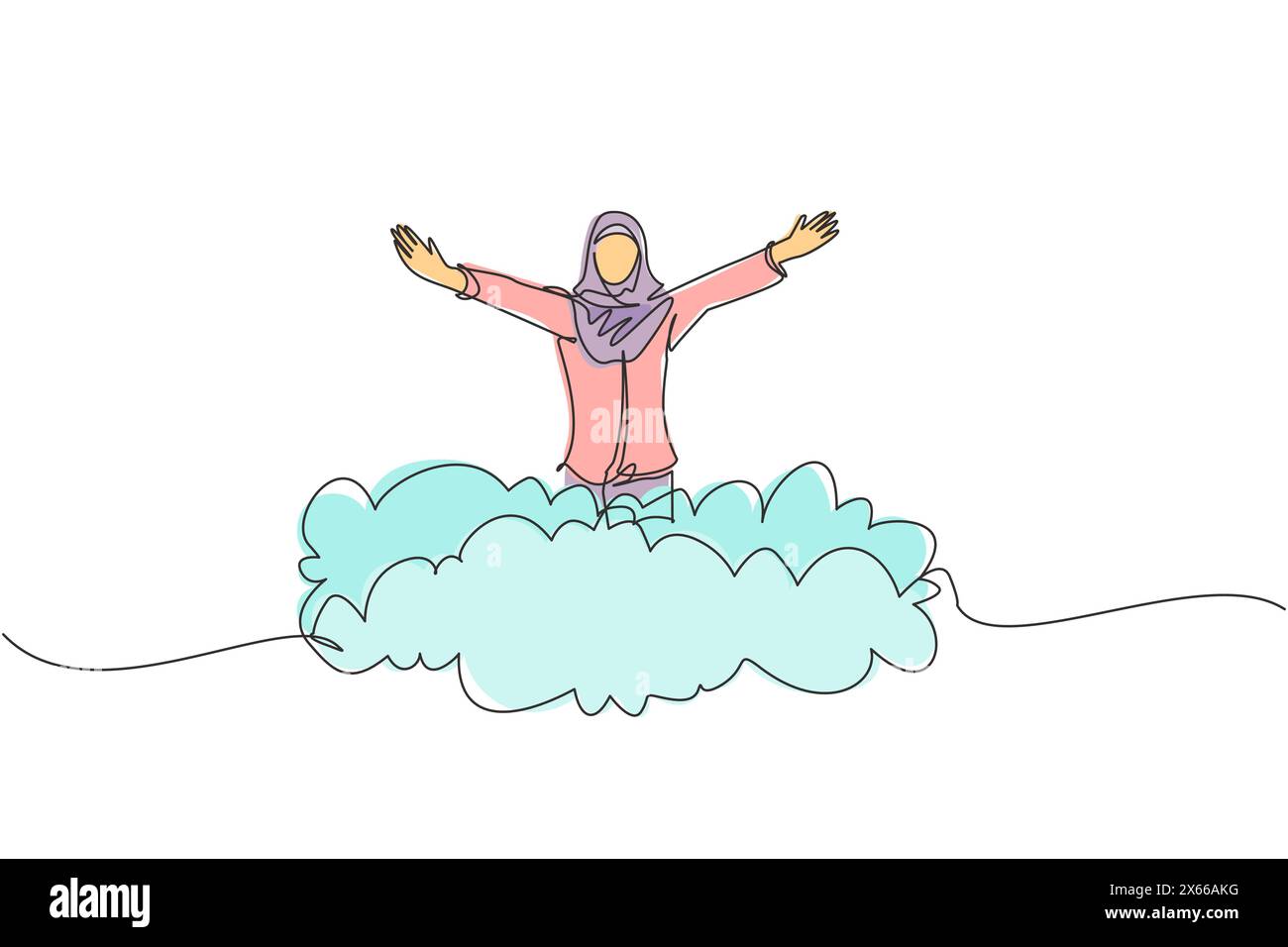 Single one line drawing Arabian businesswoman on top of cloud with ...