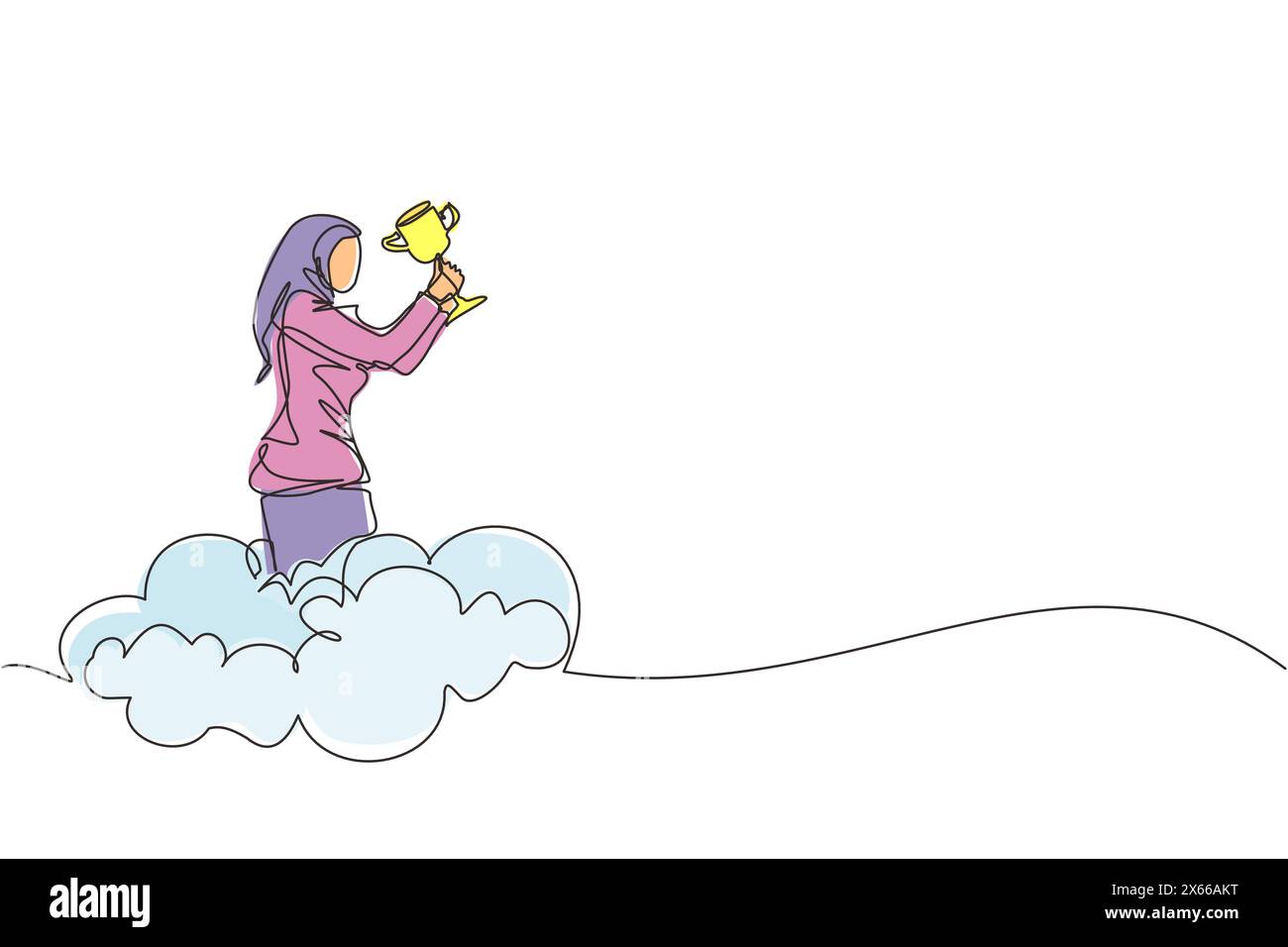 Single one line drawing Arabian businesswoman holding trophy in cloud ...