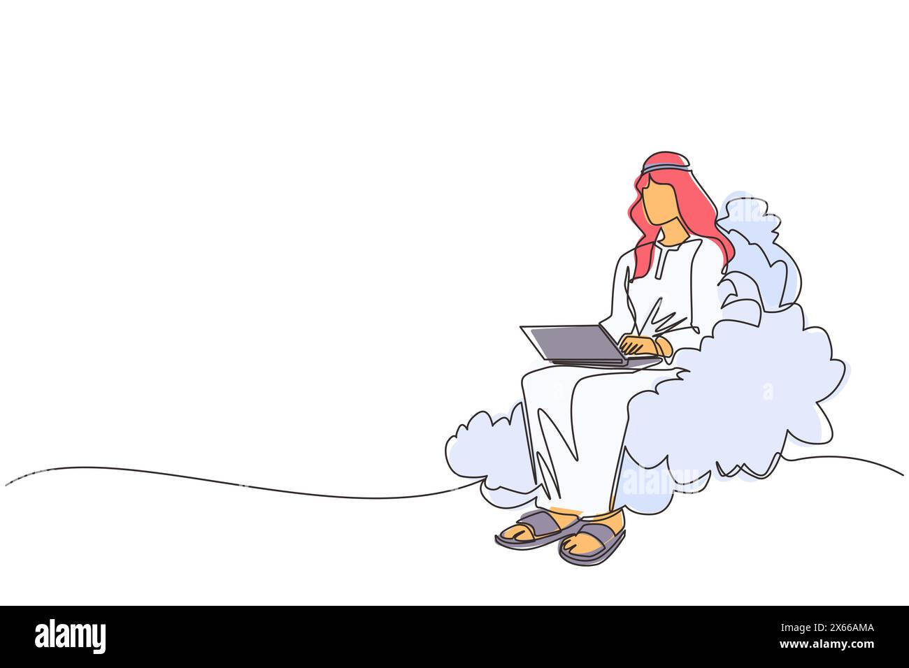 Single continuous line drawing Arab businessman sitting on cloud in sky ...