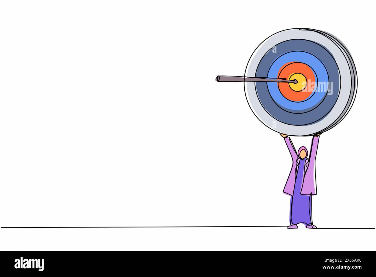 Single one line drawing Arabian businesswoman holding up big target ...