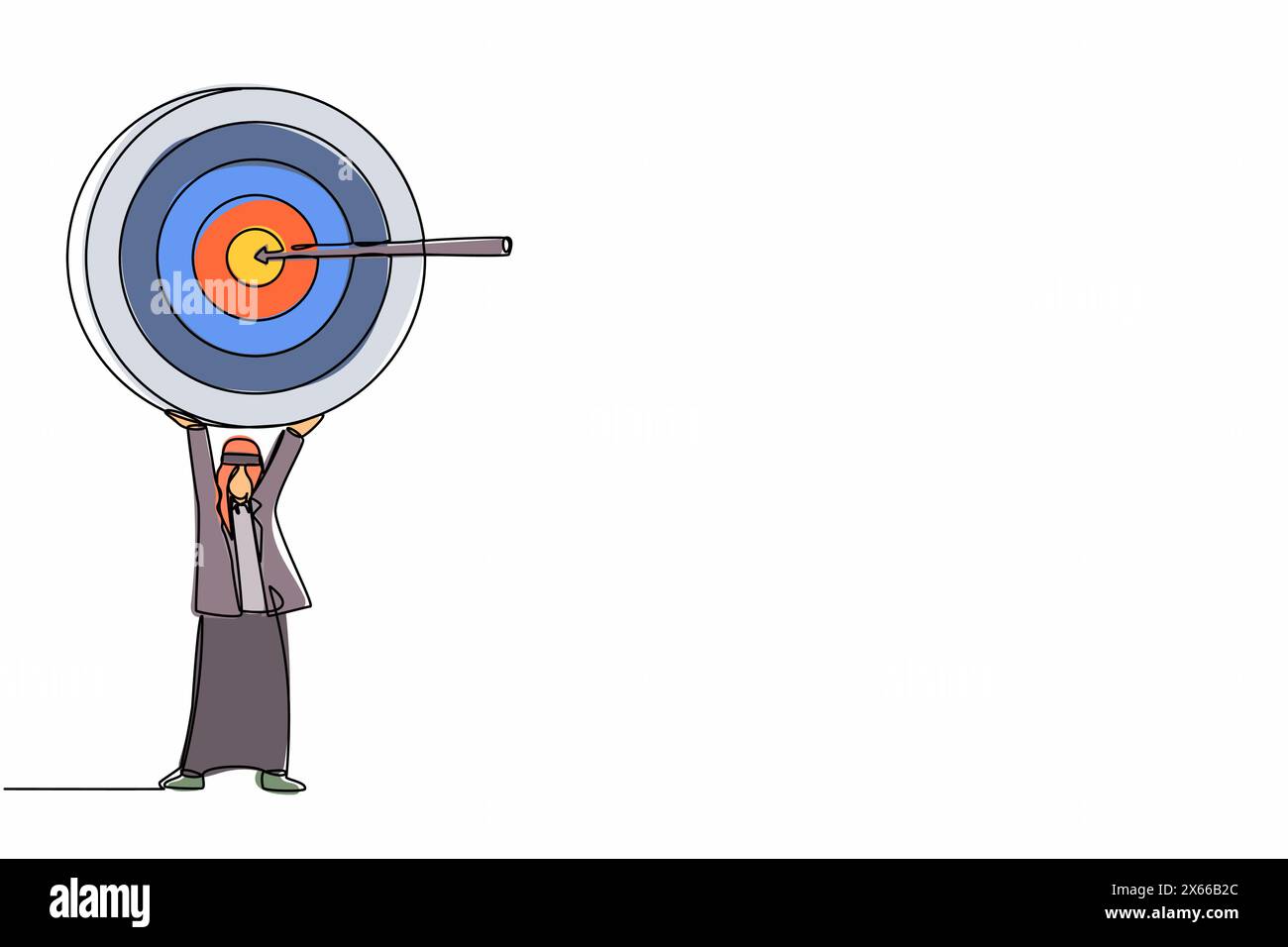 Continuous one line drawing Arabian businessman holding up big target ...