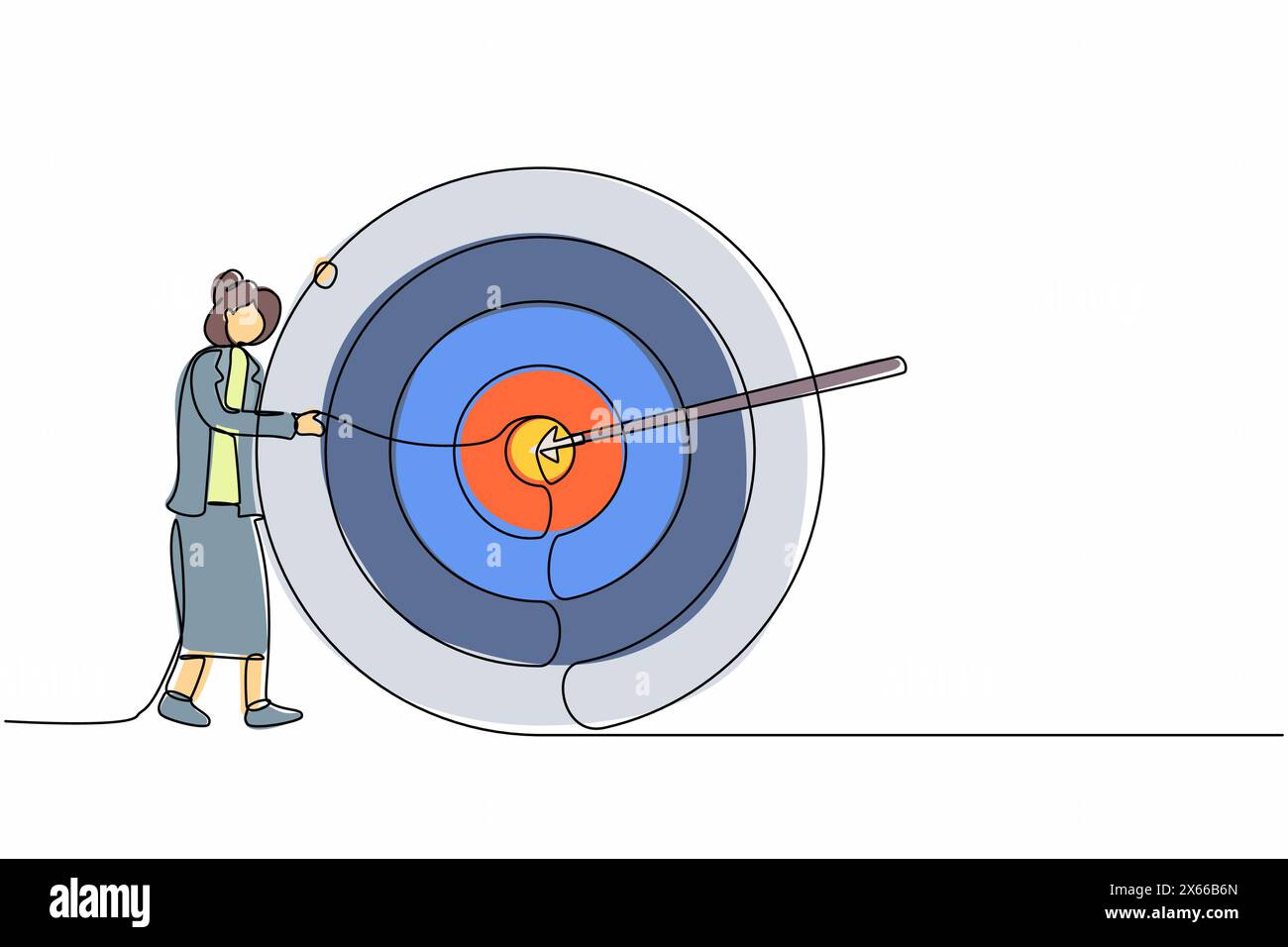 Single continuous line drawing businesswoman hugs and stands next to ...