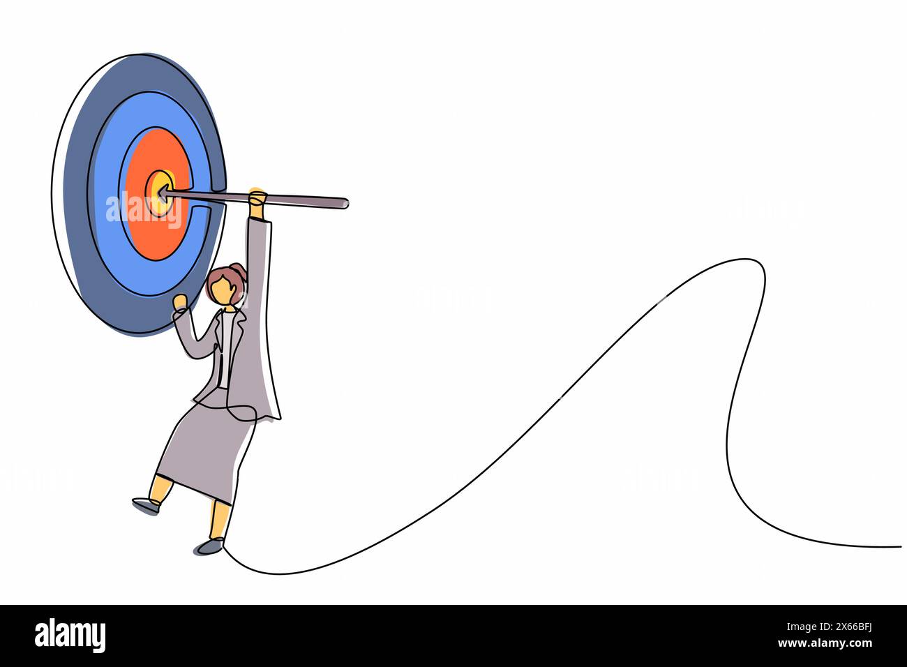 Continuous one line drawing businesswoman hanging arrow on target ...