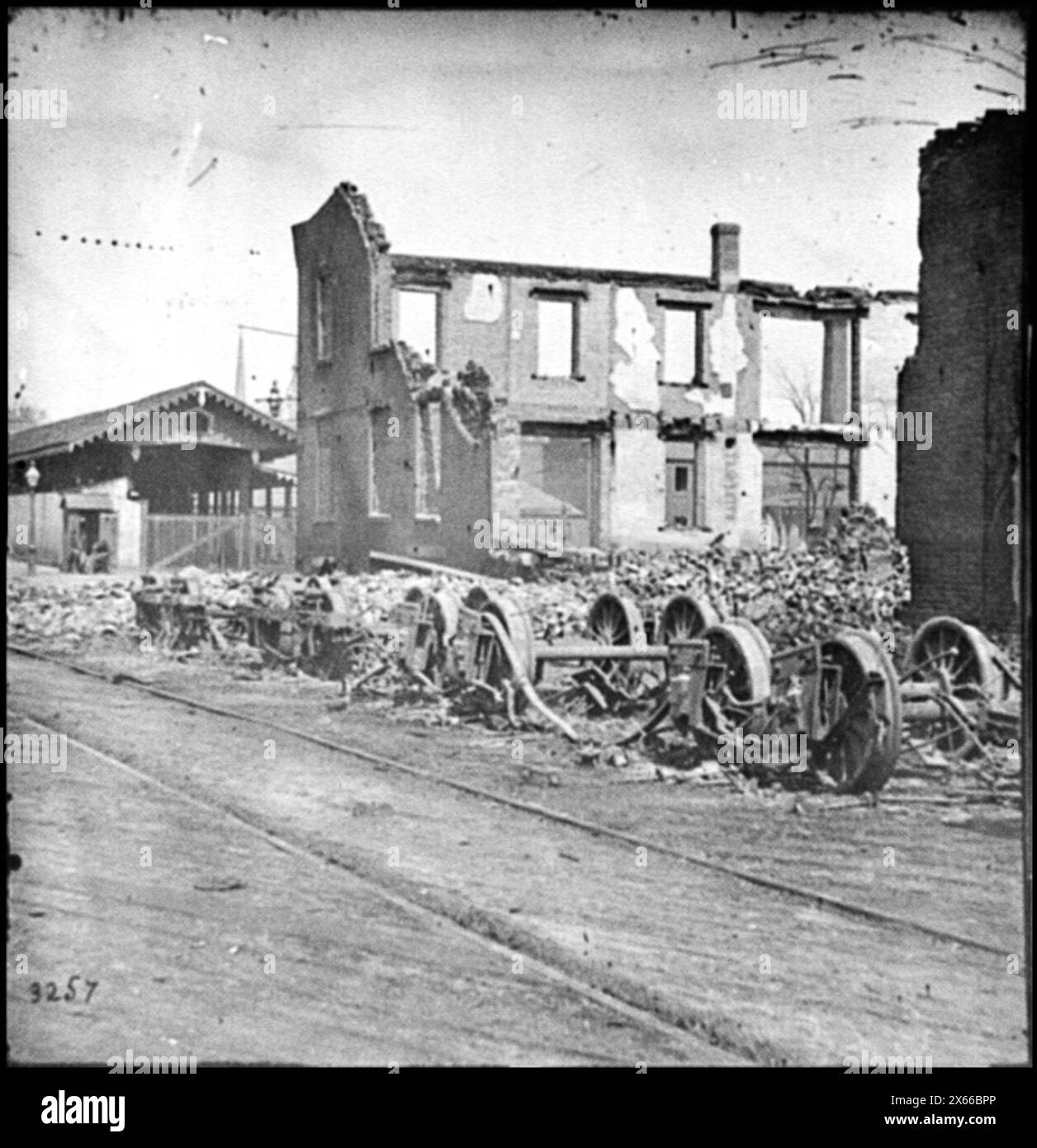 Richmond, Va. Wheels and burned railroad cars near Richmond ...