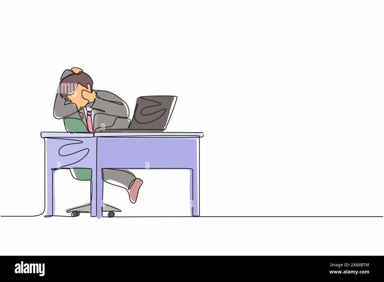 Single continuous line drawing scared man manager looking at laptop ...