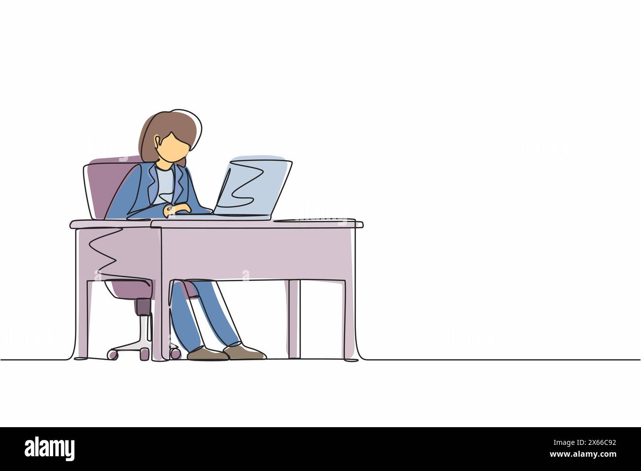 Continuous one line drawing female works in office. Woman working ...