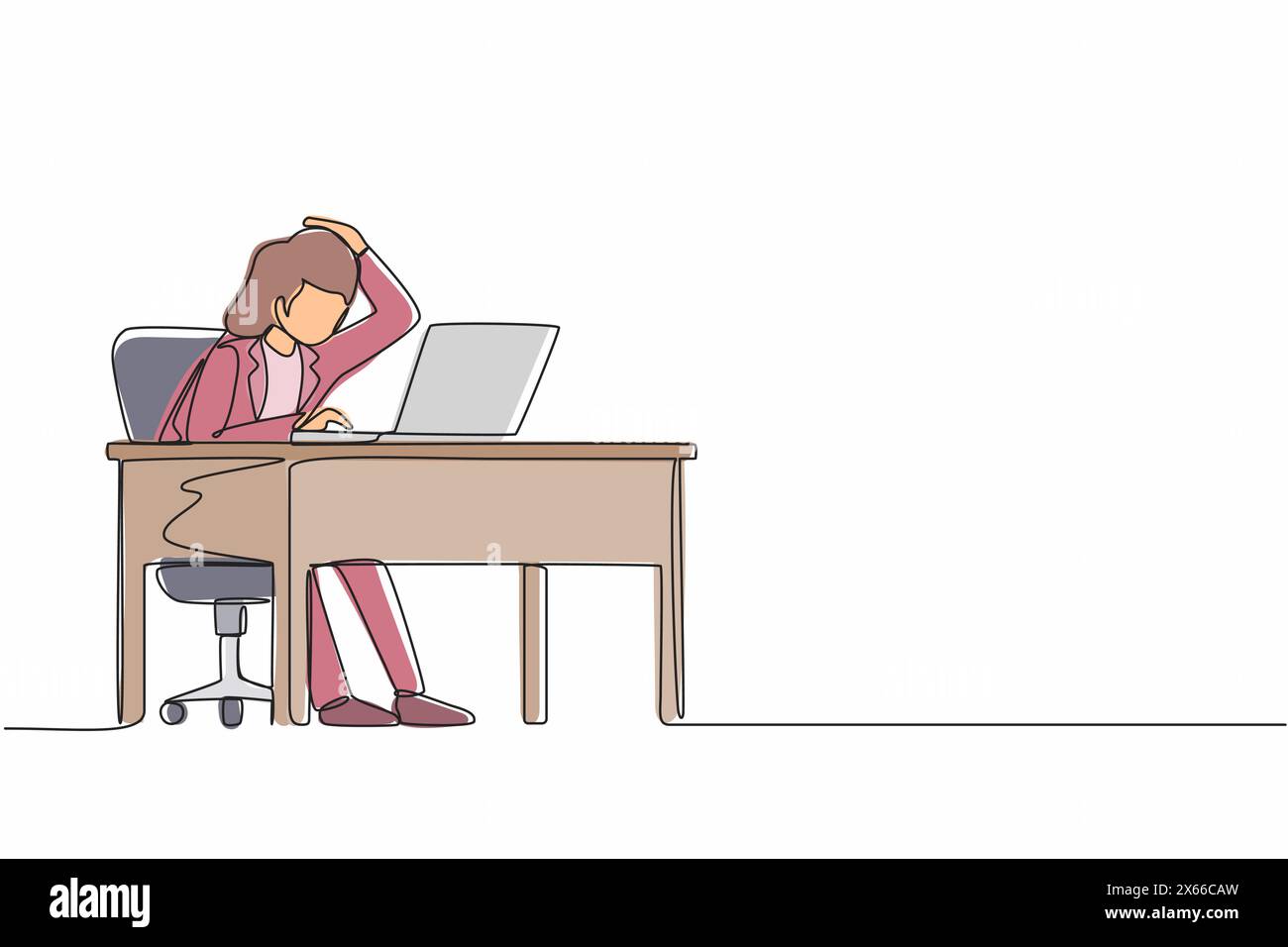 Single continuous line drawing female manager working on computer ...