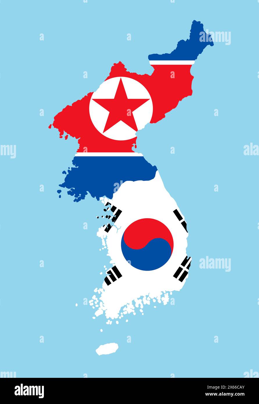 South Korea and North Korea in national flag colors. Map illustration ...