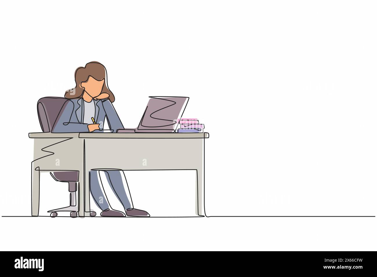 Single continuous line drawing businesswoman writing sitting in front ...