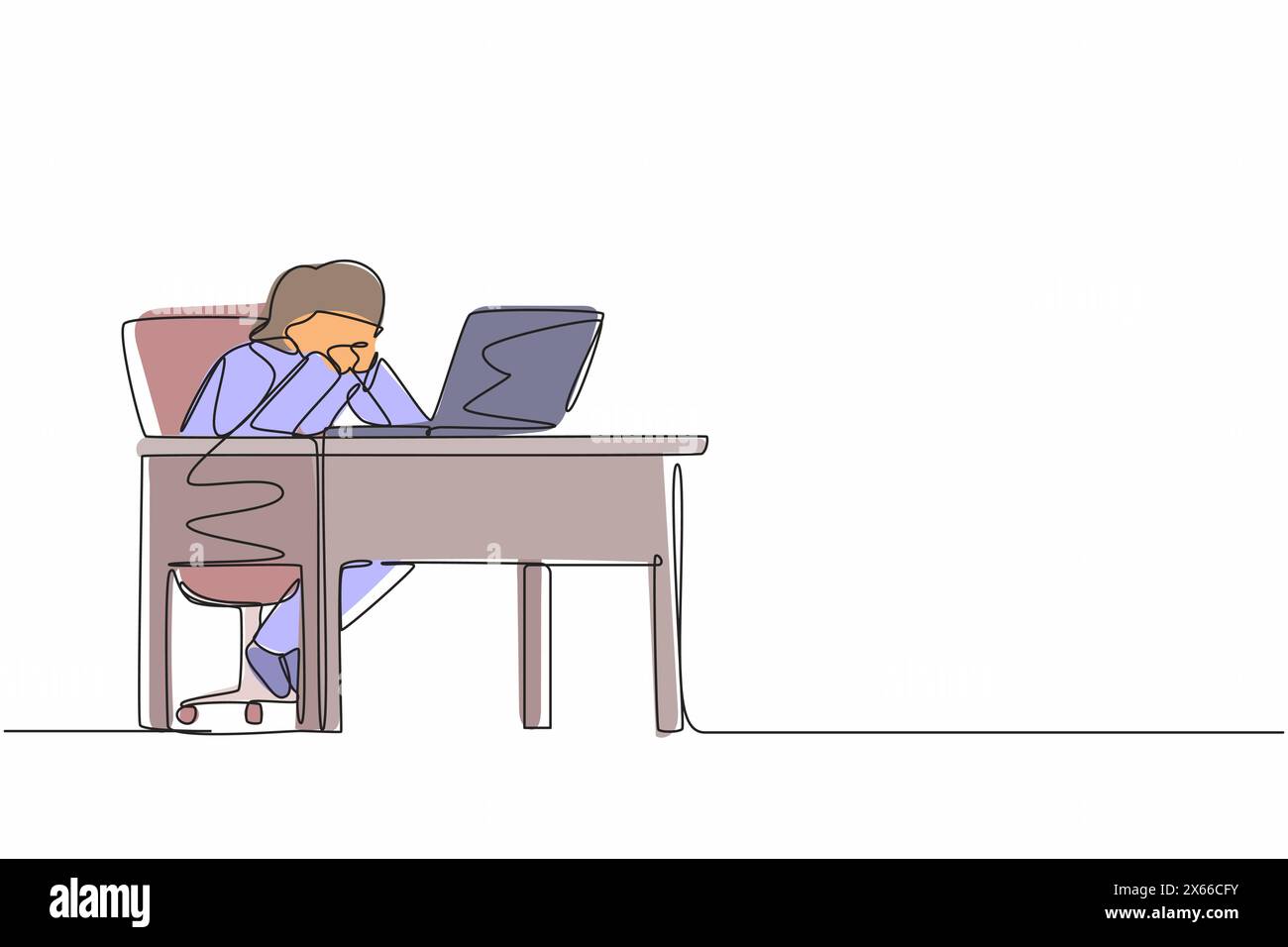 Continuous one line drawing pensive businesswoman working at laptop ...