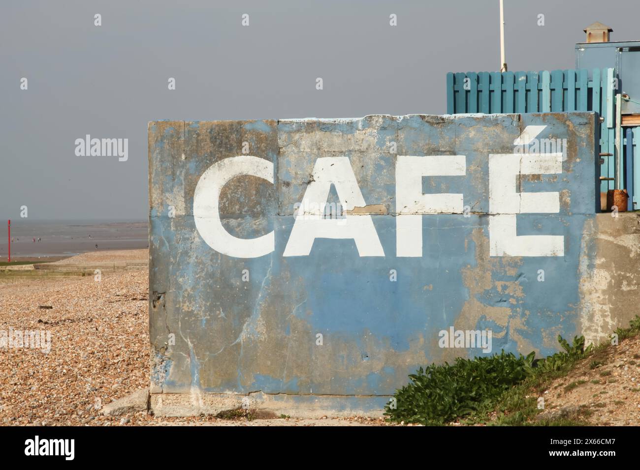 Old worn Cafe sign on the beach, St. Leonard on Sea, Hastings, East ...