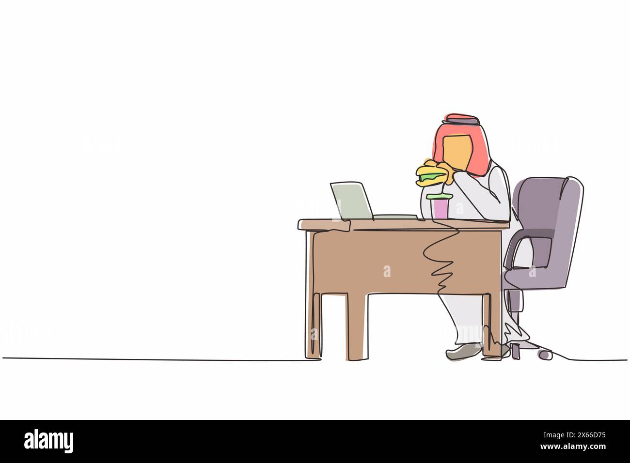Single one line drawing fat obese Arabian man using laptop eating ...