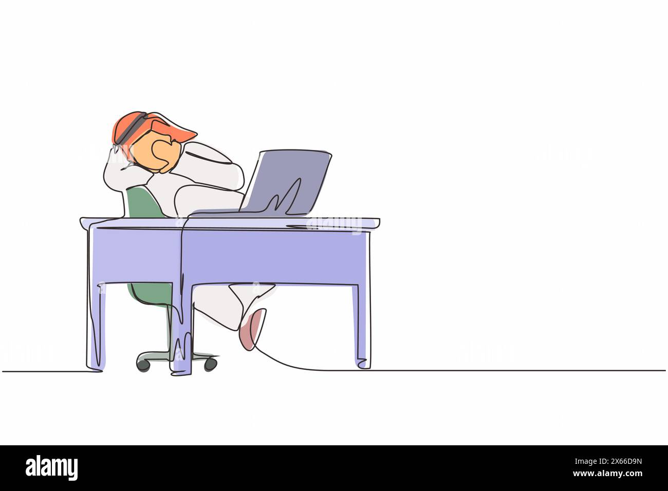 Continuous one line drawing scared Arab man manager looking at laptop ...