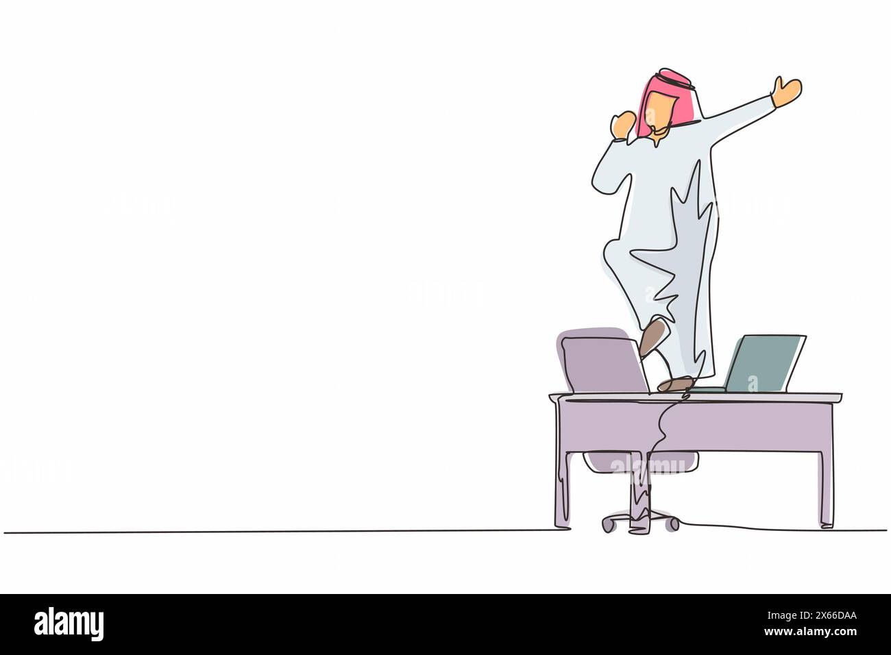 Single continuous line drawing happy office worker dancing on desk ...