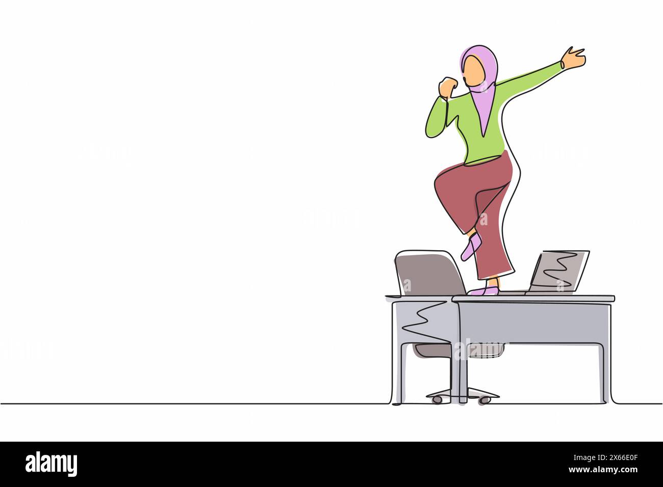 Single continuous line drawing happy office worker dancing on desk ...