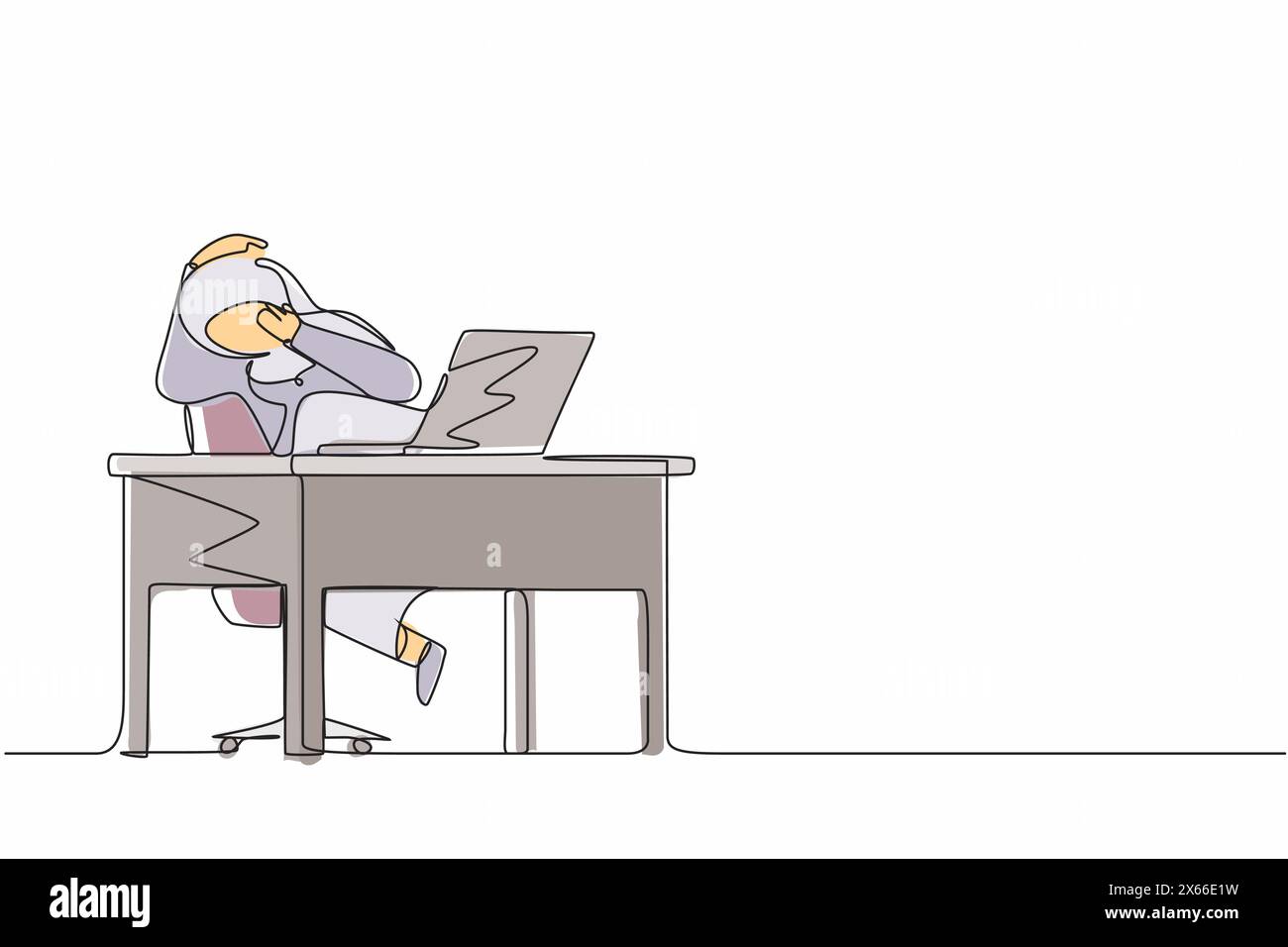 Continuous one line drawing scared Arabian woman manager looking at ...