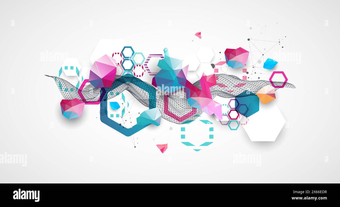 Abstract wireframe wave with colorful hexagons and plexus effect ...