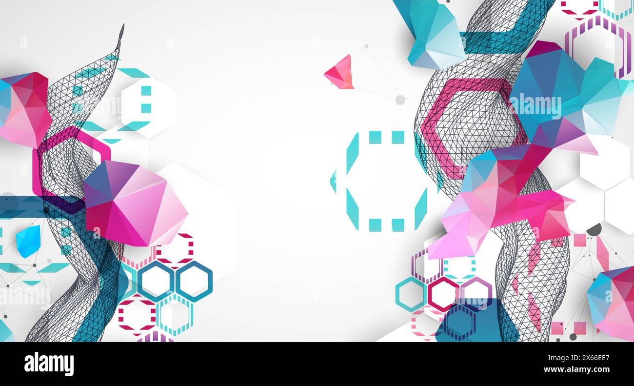 Abstract wireframe wave with colorful hexagons and plexus effect ...