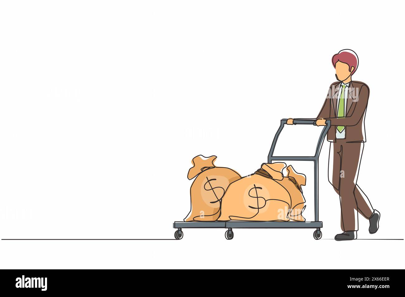 Continuous one line drawing businessman push cart with money bags ...