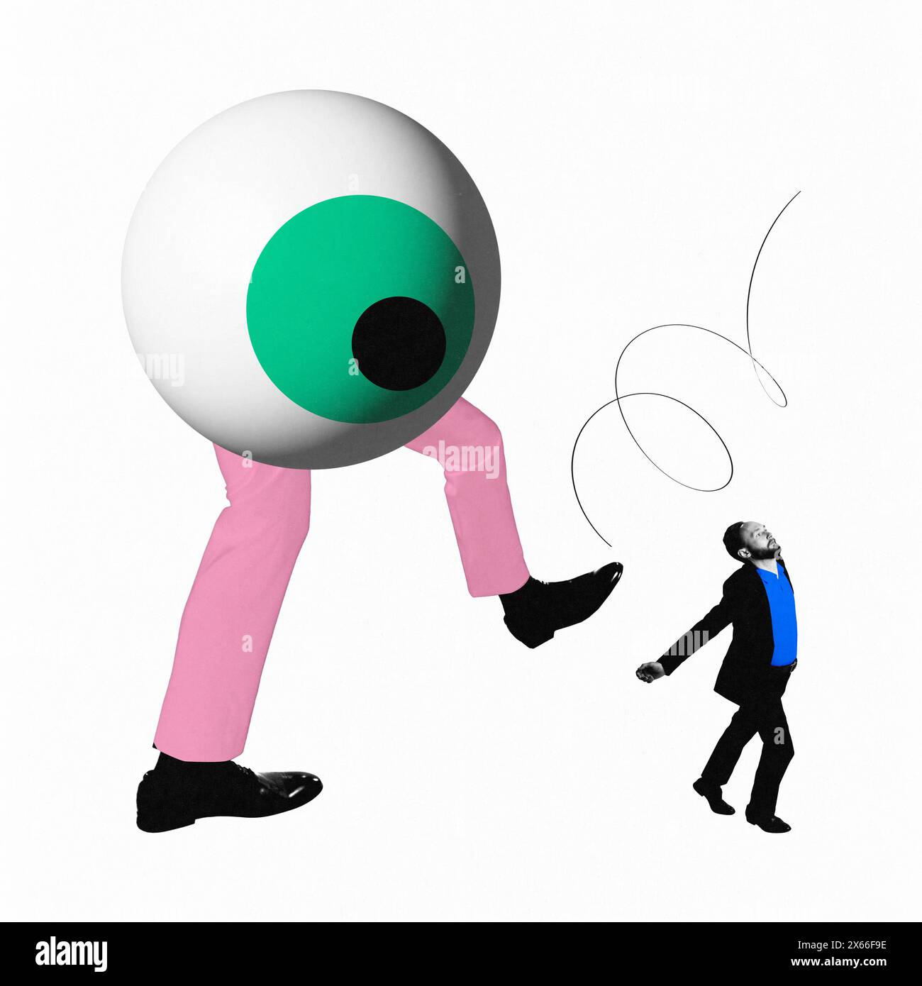 Poster. Contemporary art collage. Huge person, spy with giant eye ...