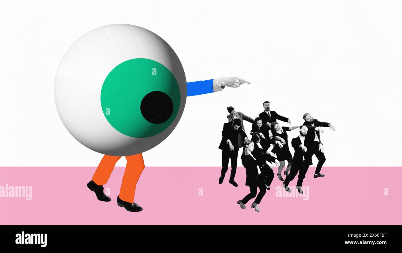 Poster. Contemporary art collage. Man with body made of eyes points to ...