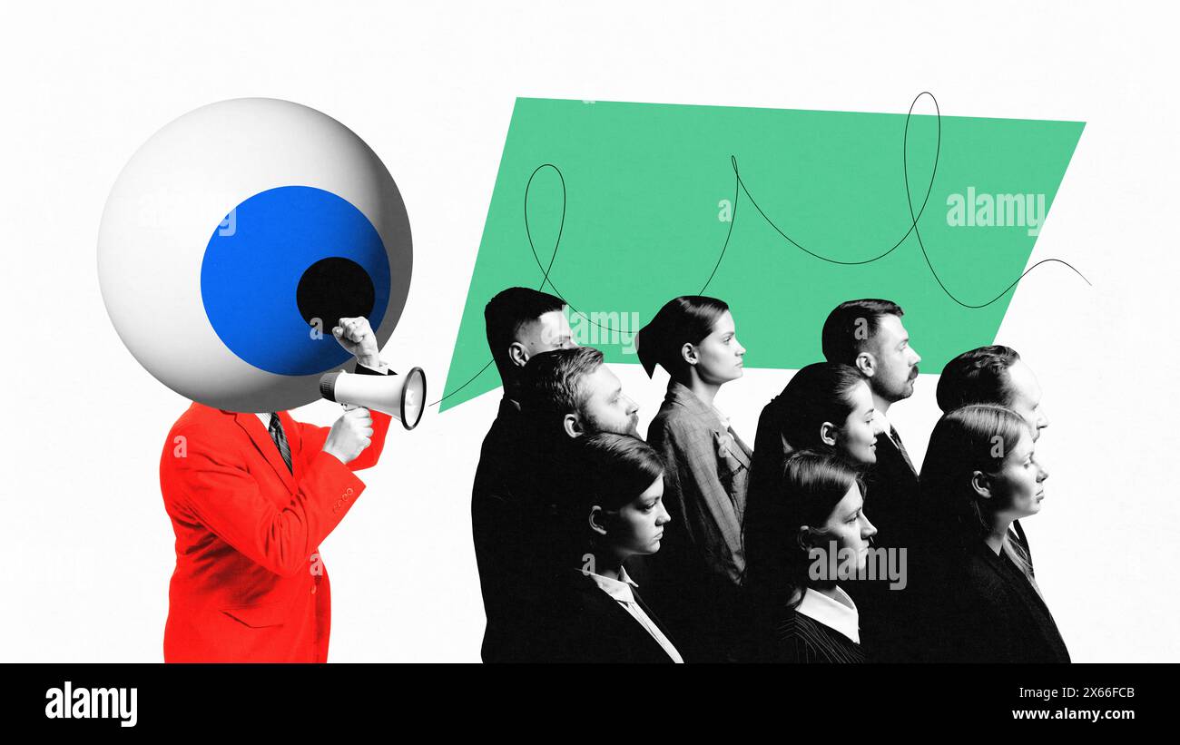 Poster. Contemporary art collage. Man with body made of eyes shouting ...